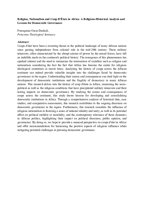 (DOC) Religion, Nationalism and Coup D'États in Africa: A Religious ...