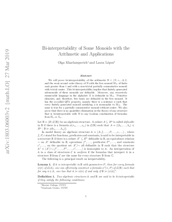 (PDF) Bi-interpretability of some monoids with the arithmetic and applications