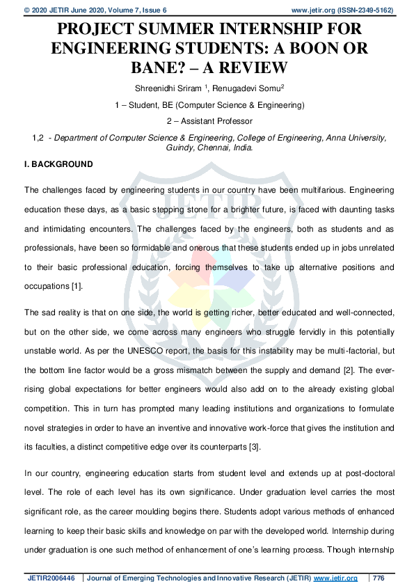 (PDF) Project Summer Internship for Engineering Students: A Boon or Bane? – a Review