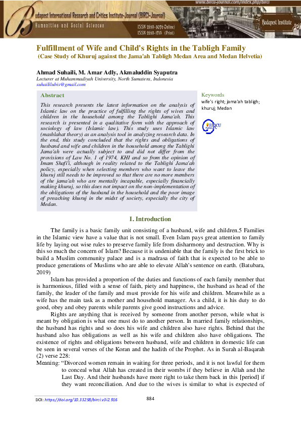 (PDF) Fulfillment of Wife and Child's Rights in the Tabligh Family ...