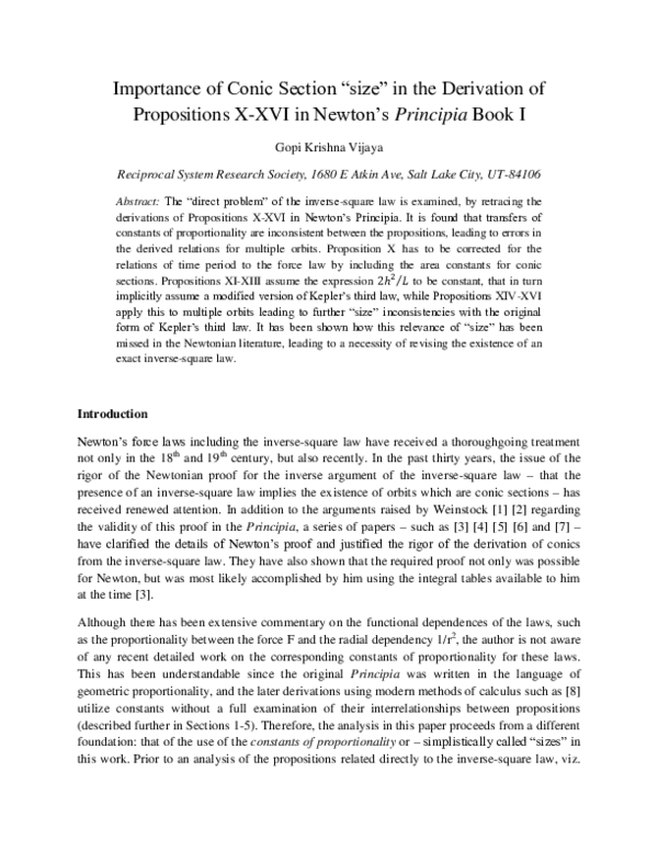 (PDF) Importance of Conic Section “size” in the Derivation of ...