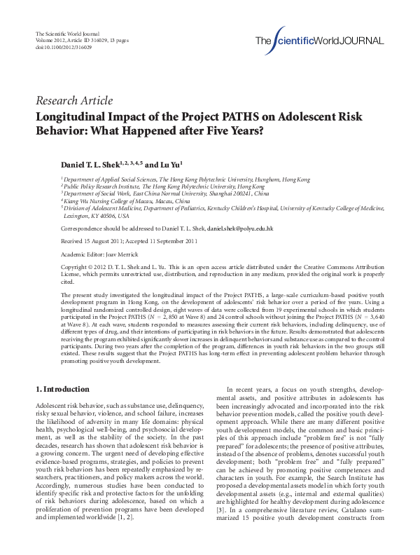 (PDF) Longitudinal impact of the project PATHS on adolescent risk ...