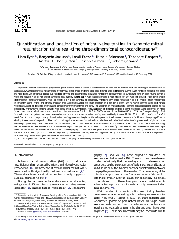 (PDF) Quantification and localization of mitral valve tenting in ischemic mitral regurgitation ...