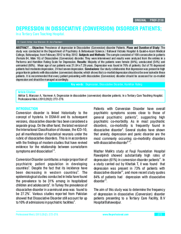 (PDF) Depression in Dissociative (Conversion) Disorder Patients | asia ...