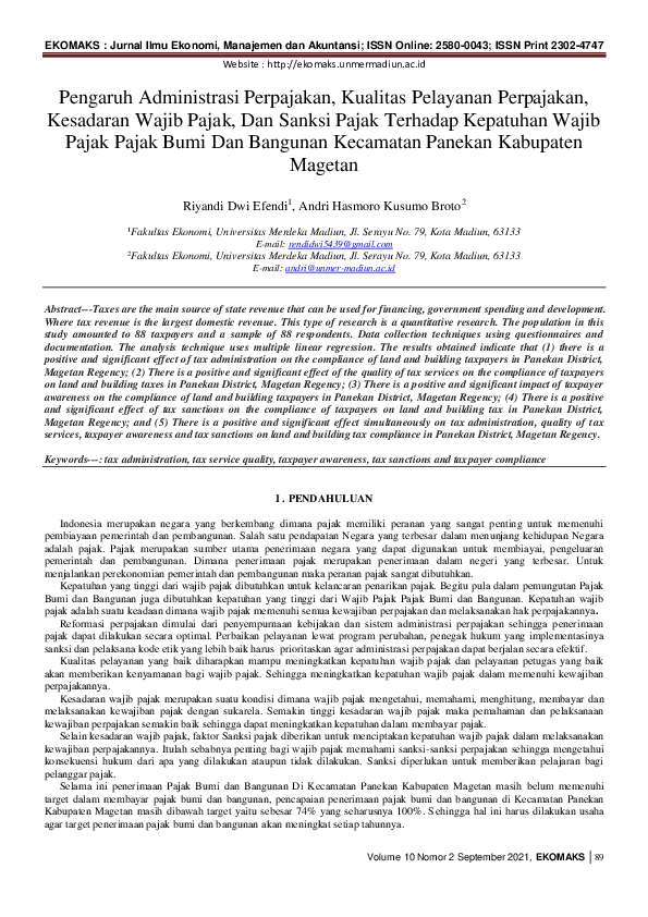 (PDF) Pengaruh Administrasi Perpajakan, Kualitas Pelayanan Perpajakan, Kesadaran Wajib Pajak ...