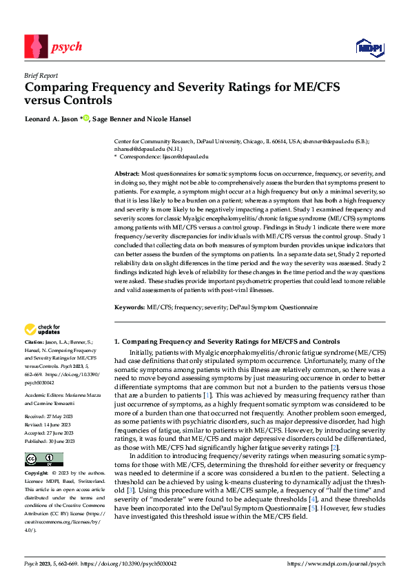 (PDF) Comparing Frequency and Severity Ratings for ME/CFS versus Controls