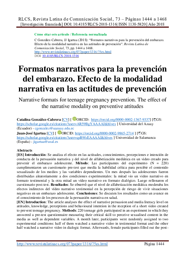 (PDF) Formatos narrativos para la prevención del embarazo. Efecto de la ...