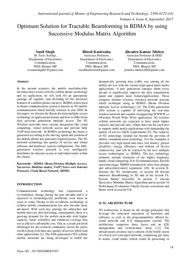 (PDF) Optimum Solution for Tractable Beamforming in BDMA by using Successive Modulus Matrix ...