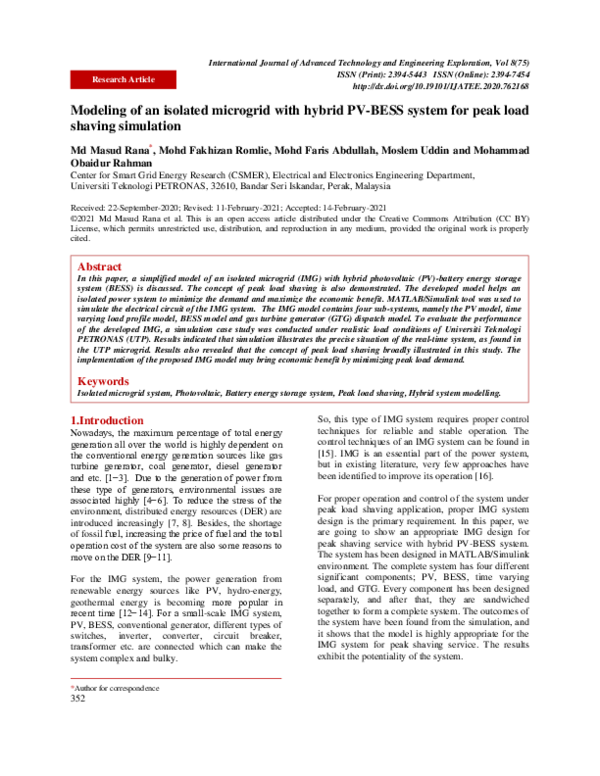 (PDF) Modeling of an isolated microgrid with hybrid PV-BESS system for peak load shaving ...