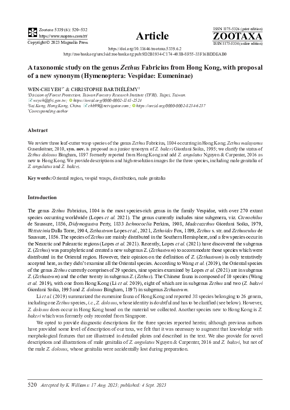 A taxonomic study on the genus Zethus Fabricius from Hong Kong, with ...