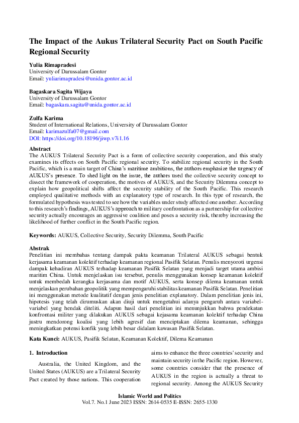 (PDF) The Impact of the Aukus Trilateral Security Pact on South Pacific ...
