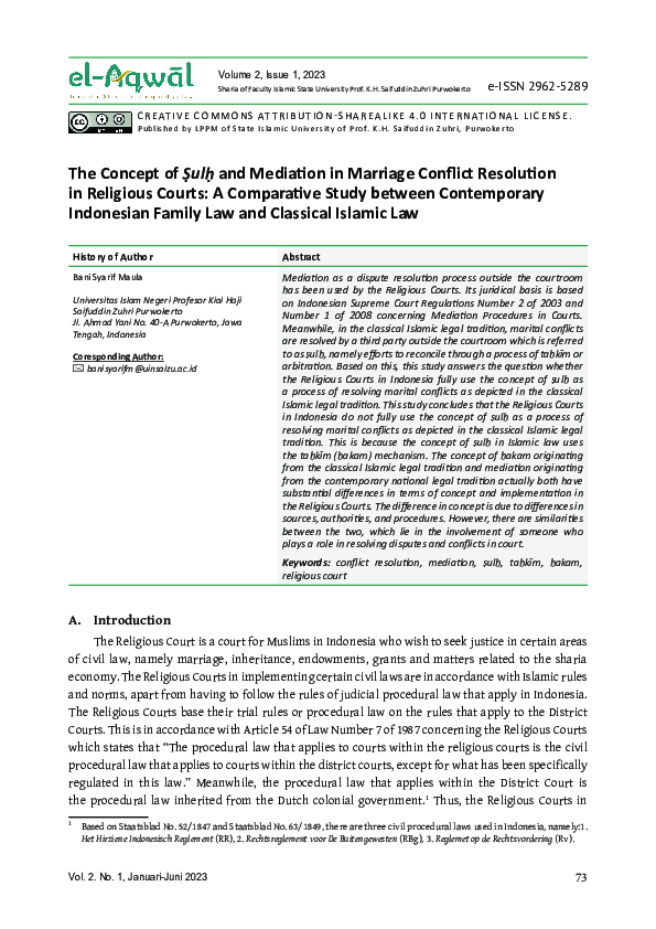 (PDF) The Concept of Ṣulḥ and Mediation in Marriage Conflict Resolution ...