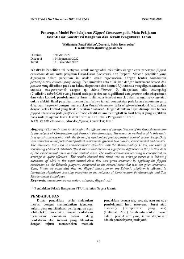 (PDF) Penerapan Model Pembelajaran Flipped Classroom pada Mata Pelajaran Dasar-Dasar Konstruksi ...