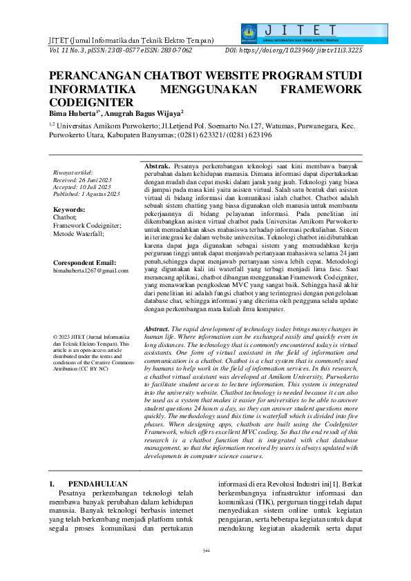(PDF) Perancangan Chatbot Website Program Studi Informatika Menggunakan Framework Codeigniter