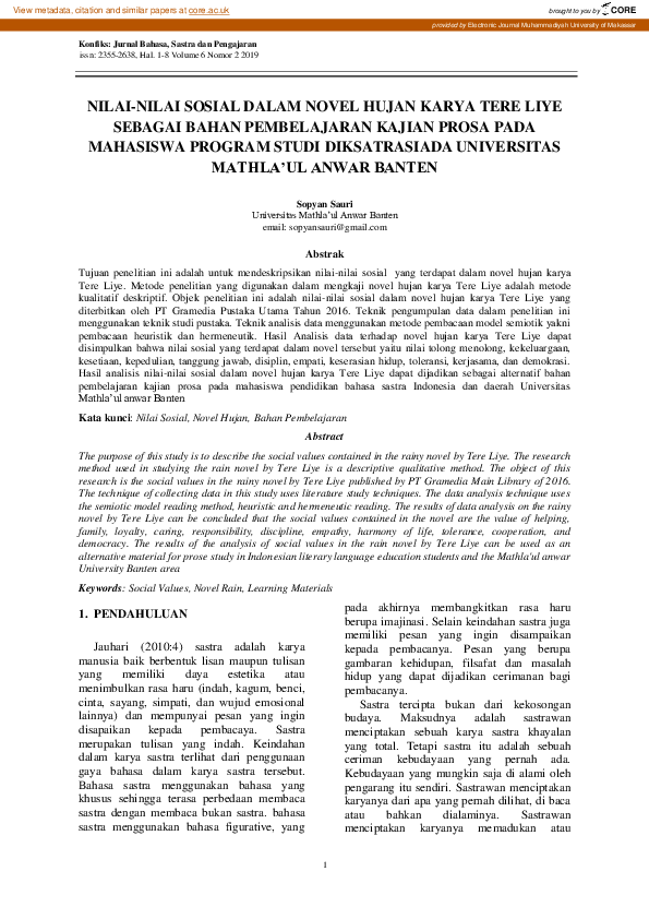 (PDF) Nilai-Nilai Sosial Dalam Novel Hujan Karya Tere Liye Sebagai Bahan Pembelajaran Kajian ...