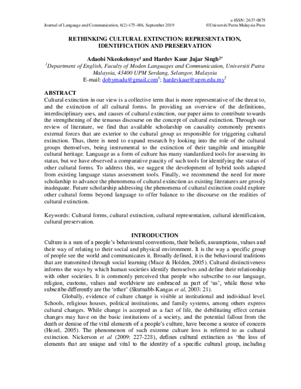 (PDF) RETHINKING CULTURAL EXTINCTION: REPRESENTATION, IDENTIFICATION ...