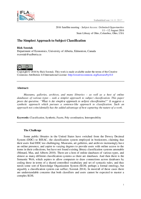 (PDF) The Simplest Approach to Subject Classification