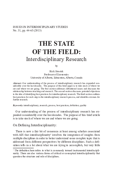 (PDF) The State of the Field: Interdisciplinary Research