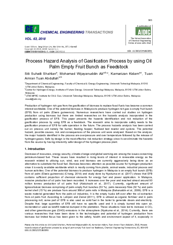 (PDF) Process Hazard Analysis of Gasification Process by using Oil Palm Empty Fruit Bunch as ...