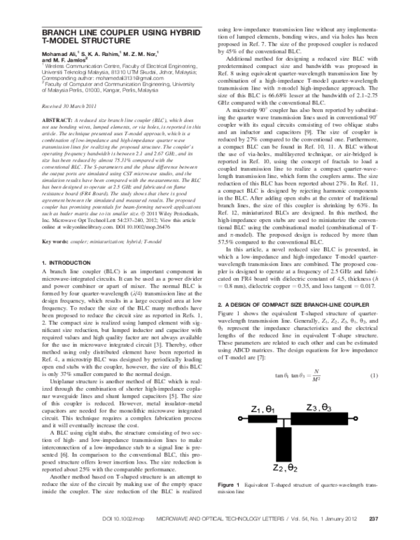 (PDF) Branch line coupler using hybrid T-model structure