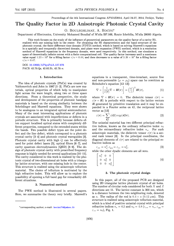 (PDF) The Quality Factor in 2D Anisotropic Photonic Crystal Cavity