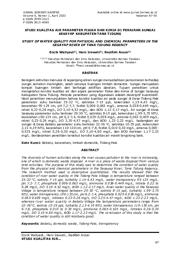 (PDF) Studi Kualitas Air Parameter Fisika Dan Kimia DI Perairan Sungai ...