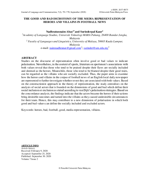 (PDF) THE GOOD AND BAD DICHOTOMY OF THE MEDIA REPRESENTATION OF HEROES ...