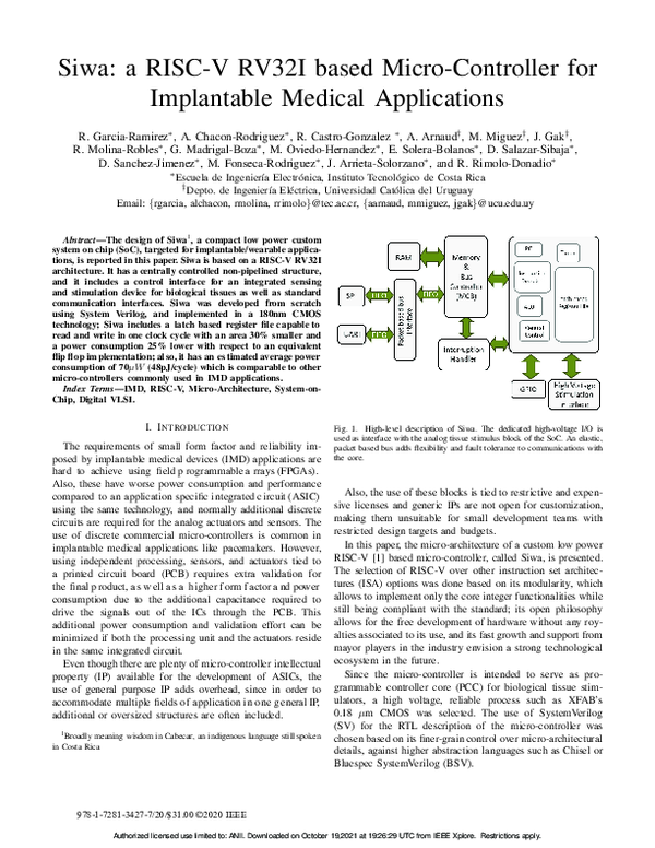 (PDF) Siwa: a RISC-V RV32I based Micro-Controller for Implantable Medical Applications