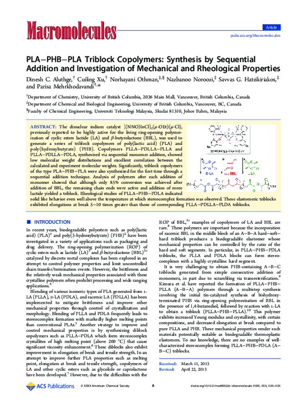 (PDF) PLA–PHB–PLA Triblock Copolymers: Synthesis by Sequential Addition and Investigation of ...