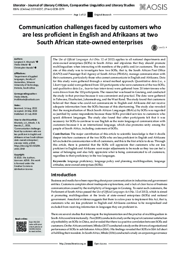 (PDF) Communication challenges faced by customers who are less proficient in English and ...