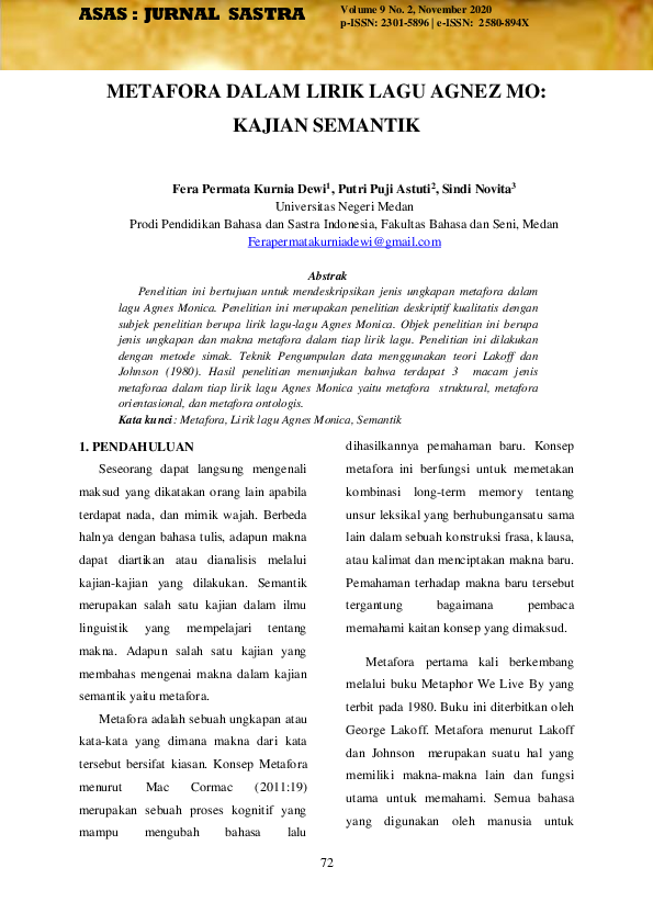 (PDF) Metafora Dalam Lirik Lagu Agnez Mo: Kajian Semantik