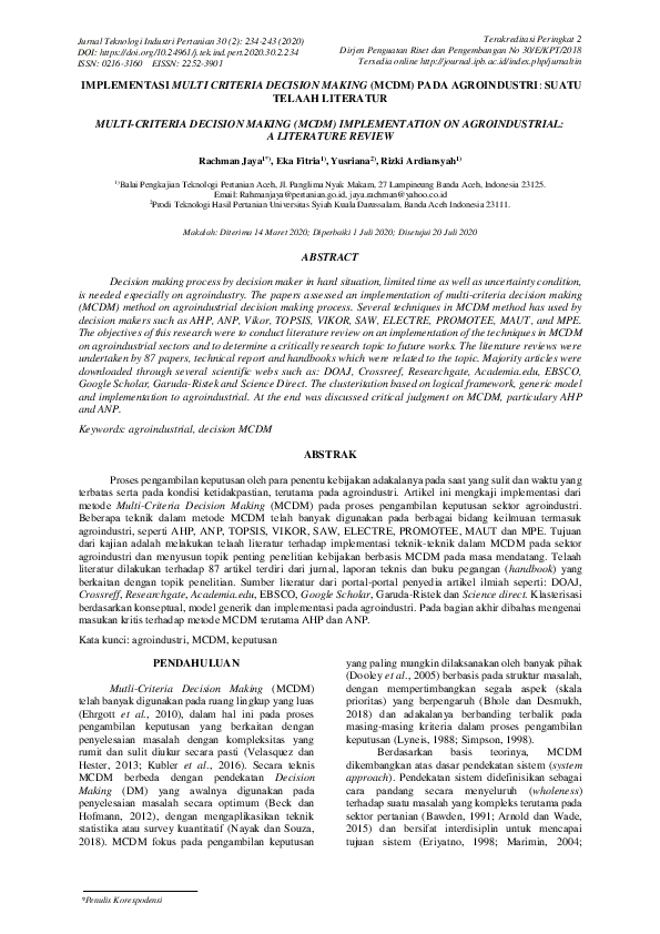 (PDF) Implementasi Multi Criteria Decision Making (Mcdm) Pada Agroindustri: Suatu Telaah Literatur