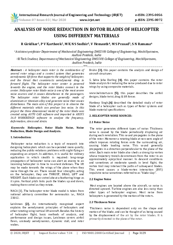 (PDF) Analysis of Noise Reduction in Rotor Blades of Helicopter Using Different Materials