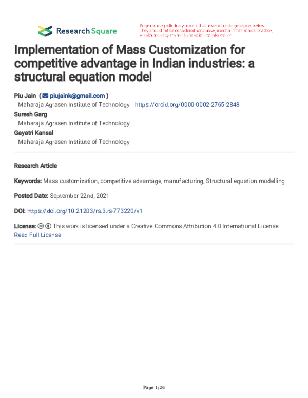 (PDF) Implementation of Mass Customization for competitive advantage in ...