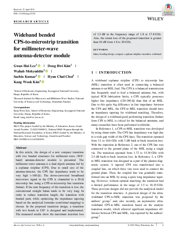 Pdf Wideband Bended Cps‐to‐microstrip Transition For Millimeter‐wave Antenna‐detector Module