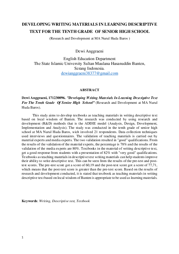 (PDF) DEVELOPING WRITING MATERIALS IN LEARNING DESCRIPTIVE TEXT FOR THE TENTH GRADE OF SENIOR ...
