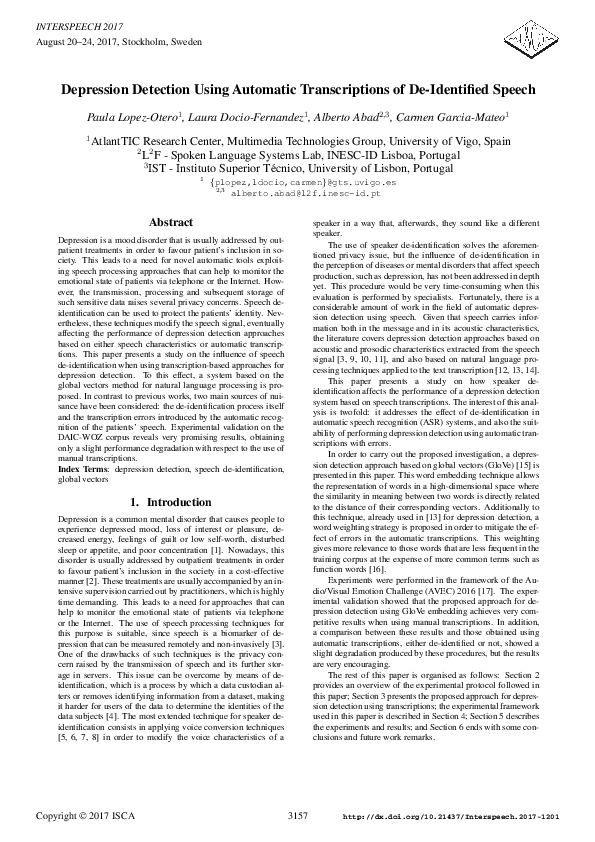 (PDF) Depression Detection Using Automatic Transcriptions of De-Identified Speech