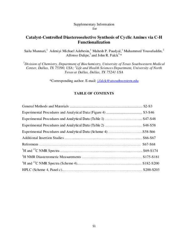 (PDF) Catalyst-Controlled Diastereoselective Synthesis of Cyclic Amines via C-H Functionalization