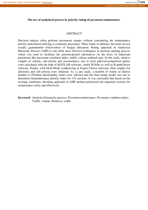 (PDF) The use of analytical hierarchy process in priority rating of pavement maintenance ...