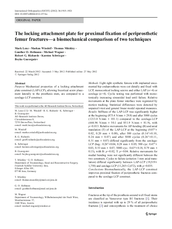(PDF) The locking attachment plate for proximal fixation of periprosthetic femur fractures—a ...