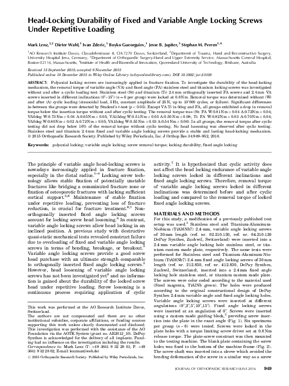 (PDF) Head-locking durability of fixed and variable angle locking ...