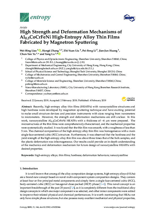(PDF) High Strength and Deformation Mechanisms of Al0.3CoCrFeNi High-Entropy Alloy Thin Films ...