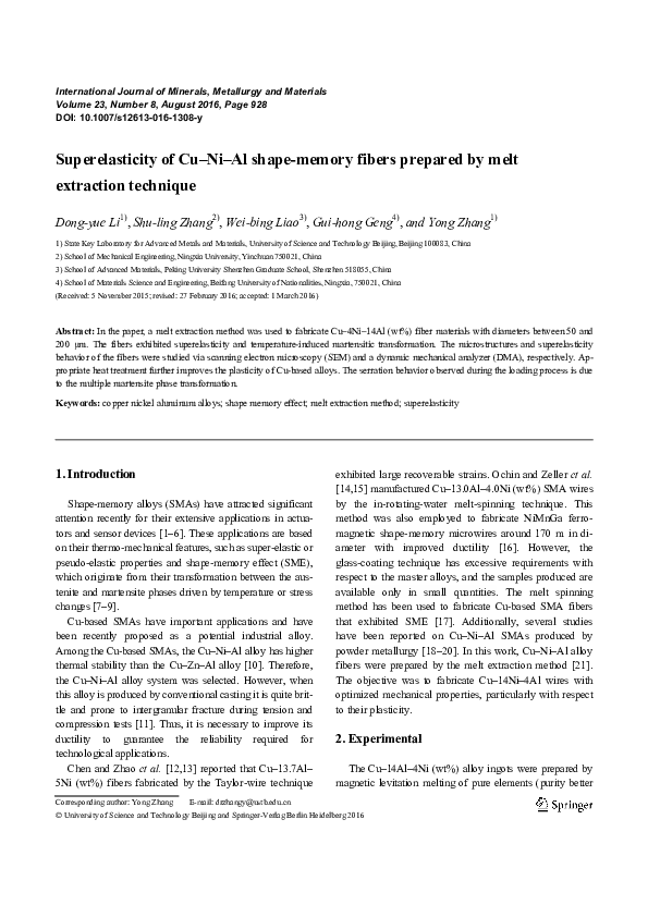 (PDF) Superelasticity of Cu–Ni–Al shape-memory fibers prepared by melt ...