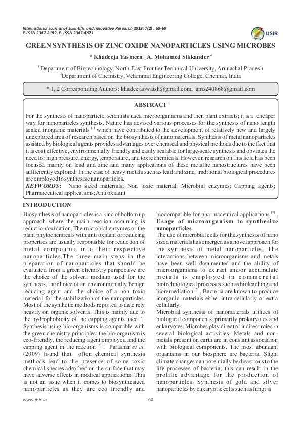 (PDF) GREEN SYNTHESIS OF ZINC OXIDE NANOPARTICLES USING MICROBES