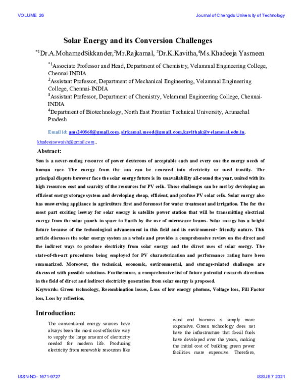 (PDF) Solar Energy and its Conversion Challenges
