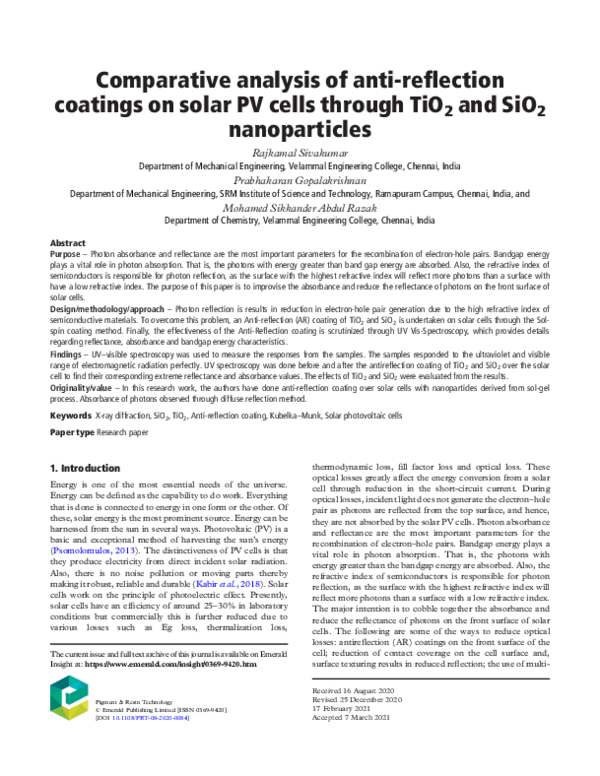 (PDF) Comparative analysis of anti-reflection coatings on solar PV cells through TiO 2 and SiO 2 ...
