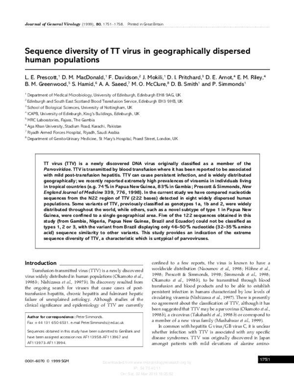 (PDF) Sequence diversity of TT virus in geographically dispersed human ...