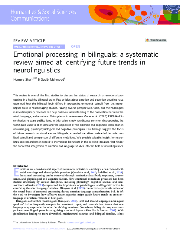 (PDF) Emotional processing in bilinguals: a systematic review aimed at ...