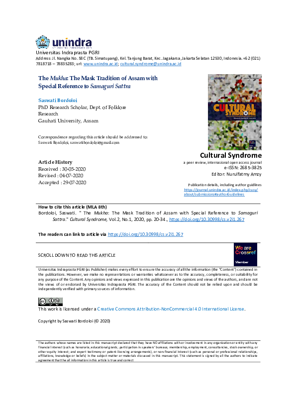 (PDF) ‘Mukha’: The Mask Tradition of Assam-with Special Reference to ...