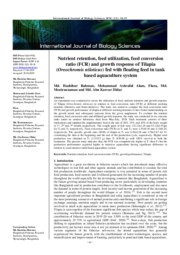 (PDF) Nutrient retention, feed utilization, feed conversion ratio (FCR) and growth response of ...